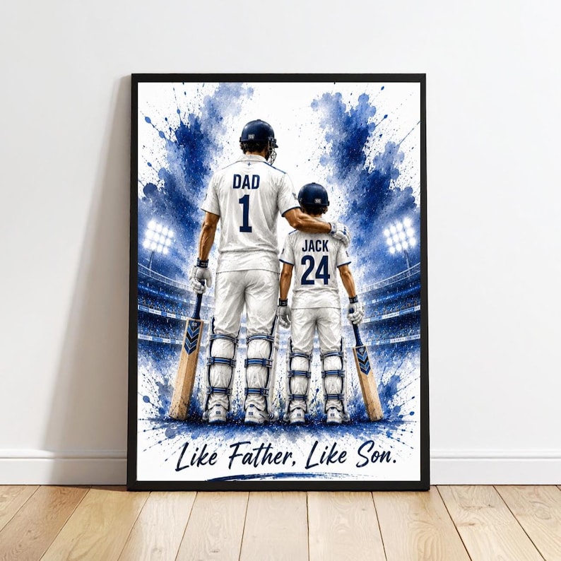 Personalised Dad Son Cricket Print | Custom Watercolour Artwork, Father ...