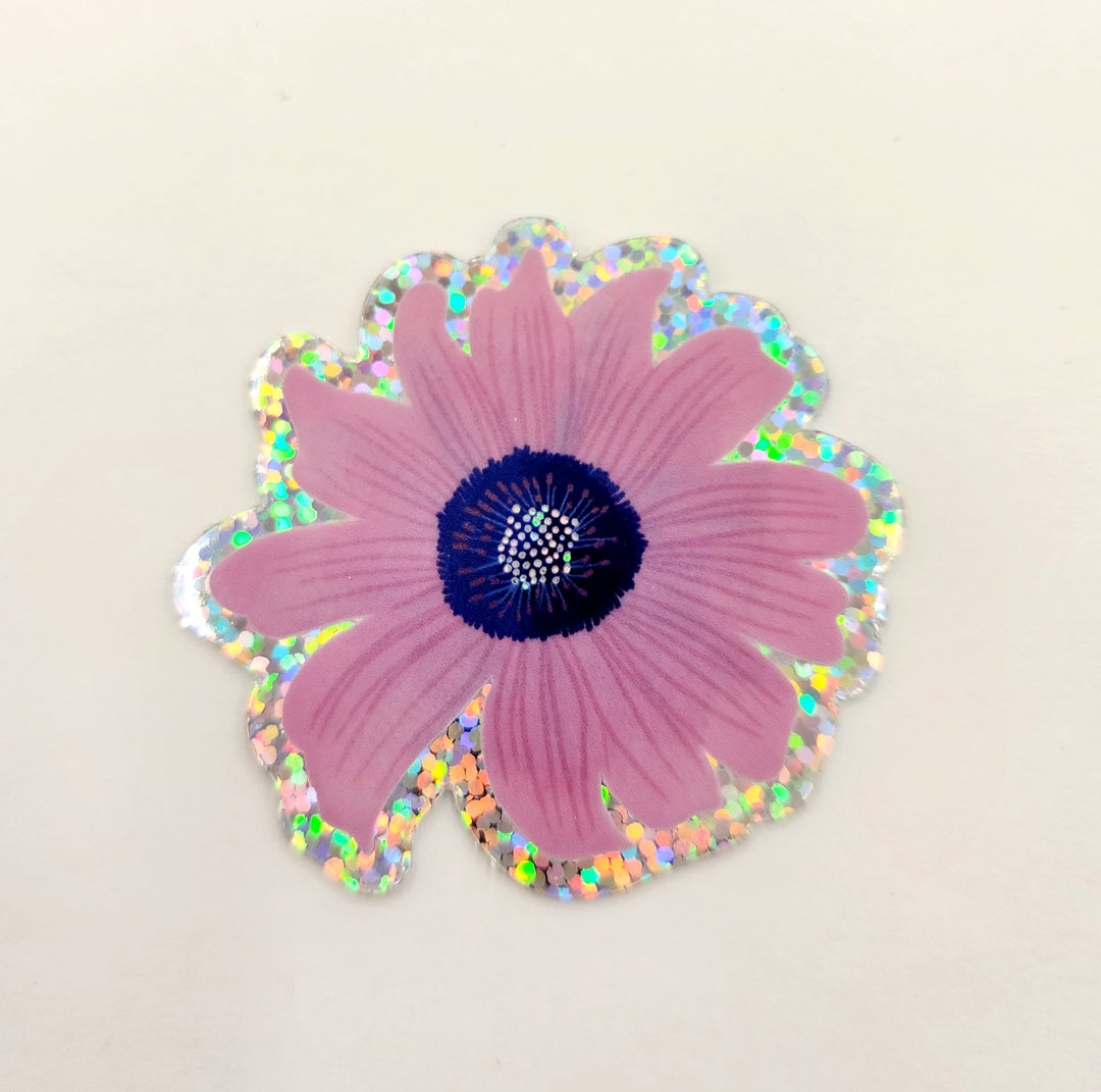 Holographic Glitter Stickers Pink Flower Water Resistant Stickers - Etsy