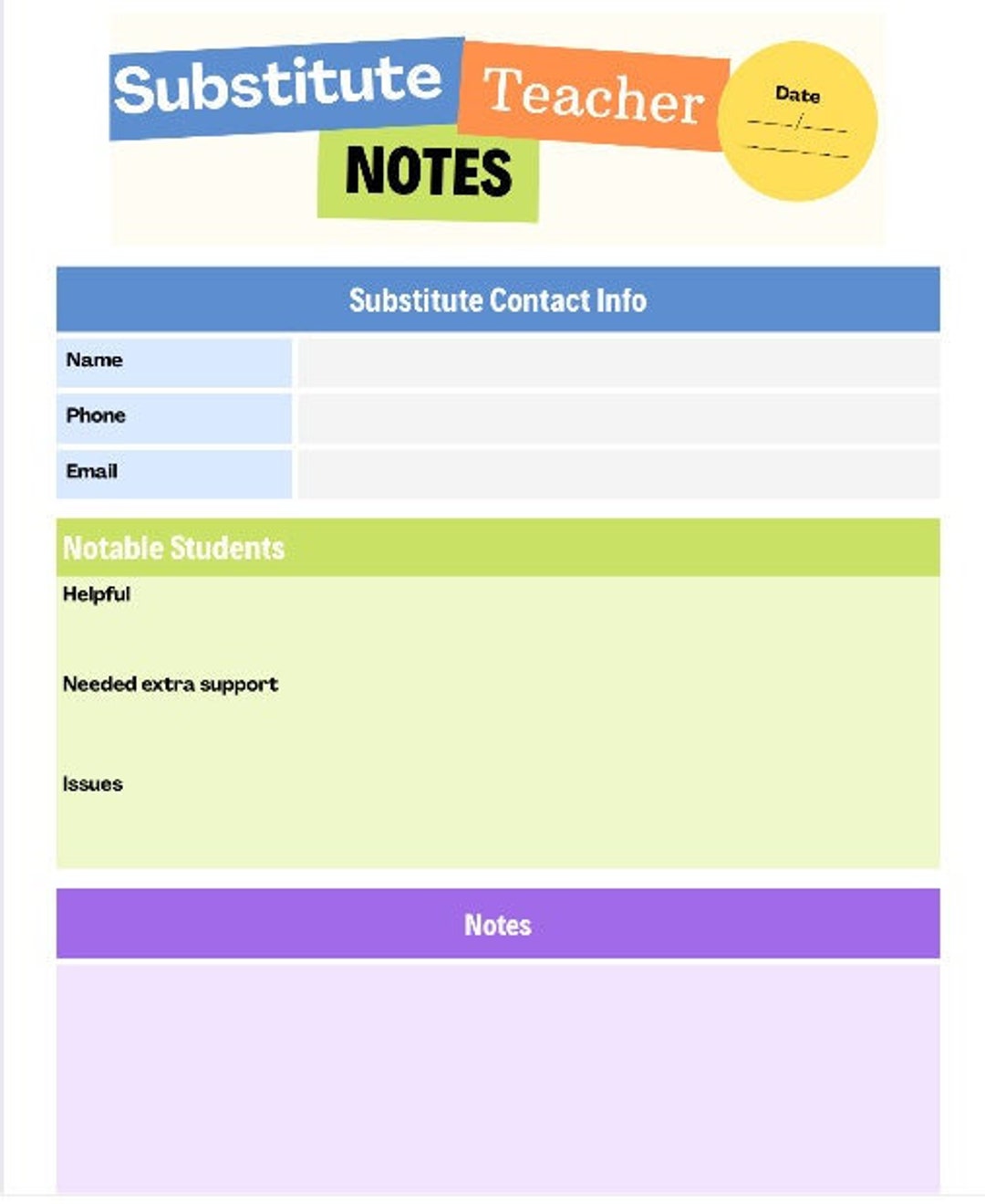 Substitute Teacher Notes Sheet - Etsy