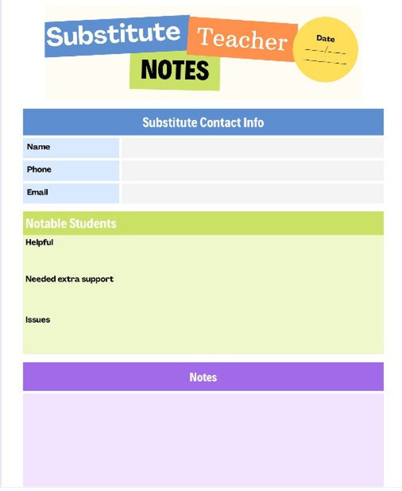 Substitute Teacher Notes Sheet - Etsy