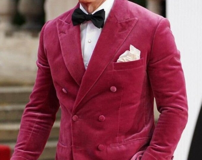 Mens Blazer Luxury Double Breast Dark Pink Vintage Coat Slim Fit Peak ...