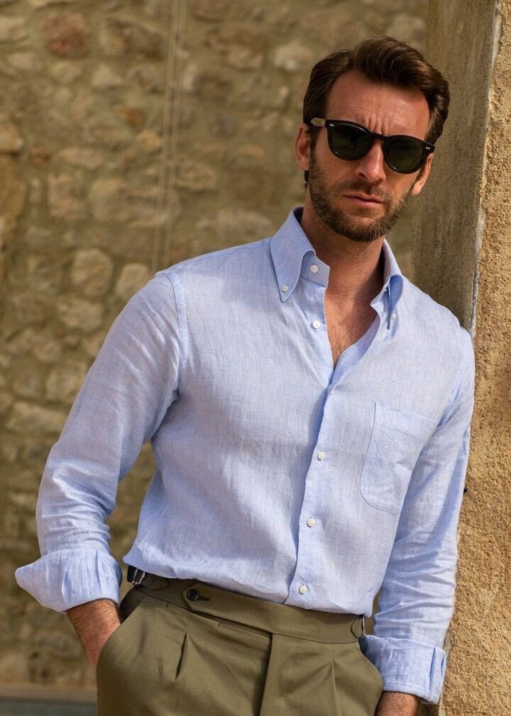 Linen Shirts Slim Fit Summer Beach Linen Sky Blue Shirts Men Luxury ...