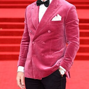 Men's Blazer Luxury Double Breast Dark Pink Vintage Coat Slim Fit Peak ...