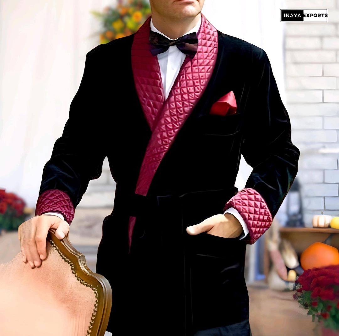Men Jacket Black Velvet Smoking Robe Quilted Luxury Smoking Gown Men ...