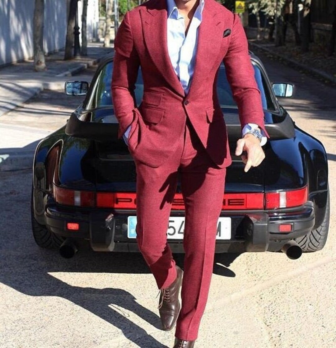 Maroon Classic 2 Piece Suit Slim Fit Peak Lapel One Button Suits ...