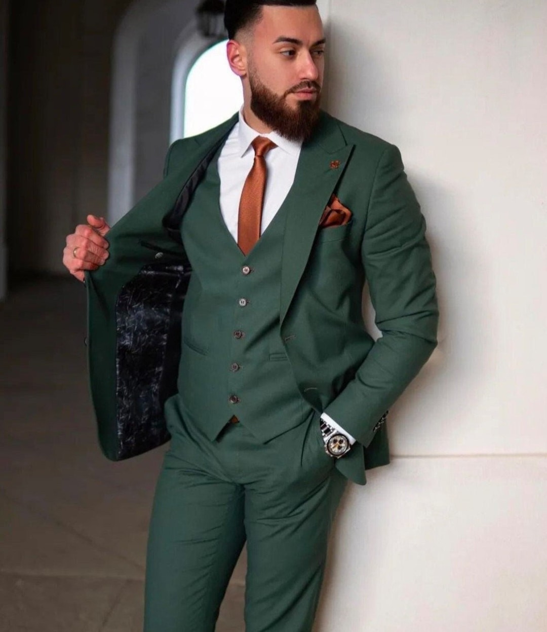 Mens Suits Wedding Dinner Suits Green 3 Piece Suits Peak Lapel Slim Fit ...