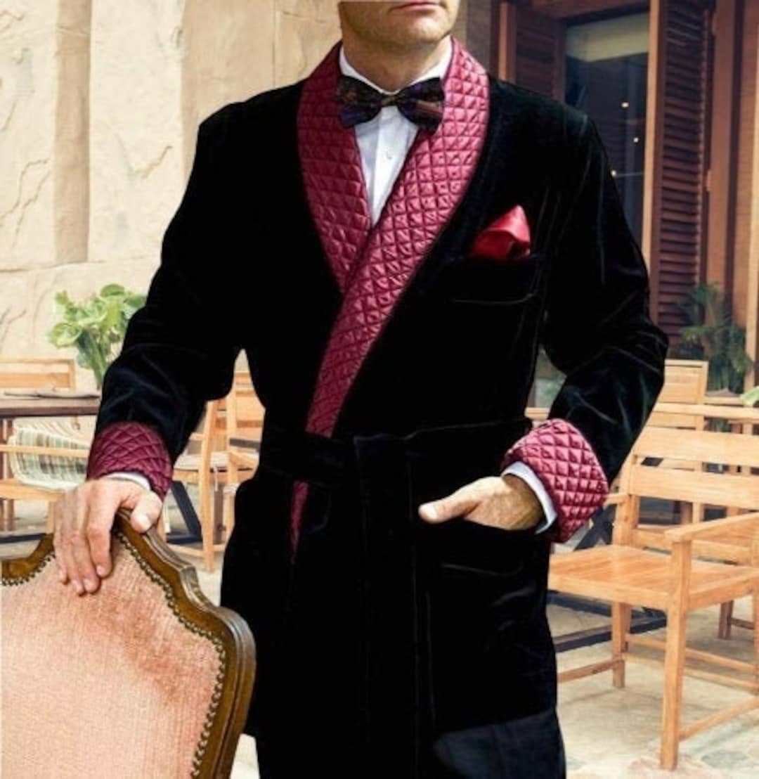 Men Jacket Black Velvet Smoking Robe Quilted Luxury Smoking - Etsy