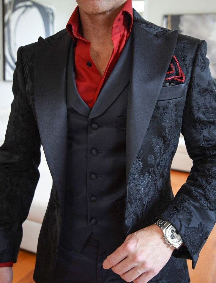 Men Black Designer Suits Stylish 3 Piece Brocket Suits Skin - Etsy