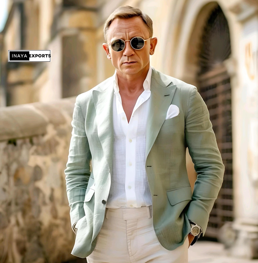 Linen Classic Men's Jackets - Light Green Linen 2 Buttons Blazer - for ...