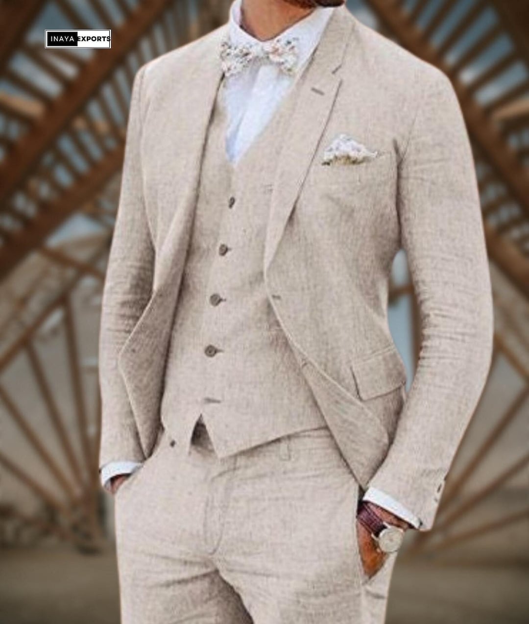 Linen Classic Suits Beige Prom Cotton Suits for Men Beige Linen 3 Piece ...
