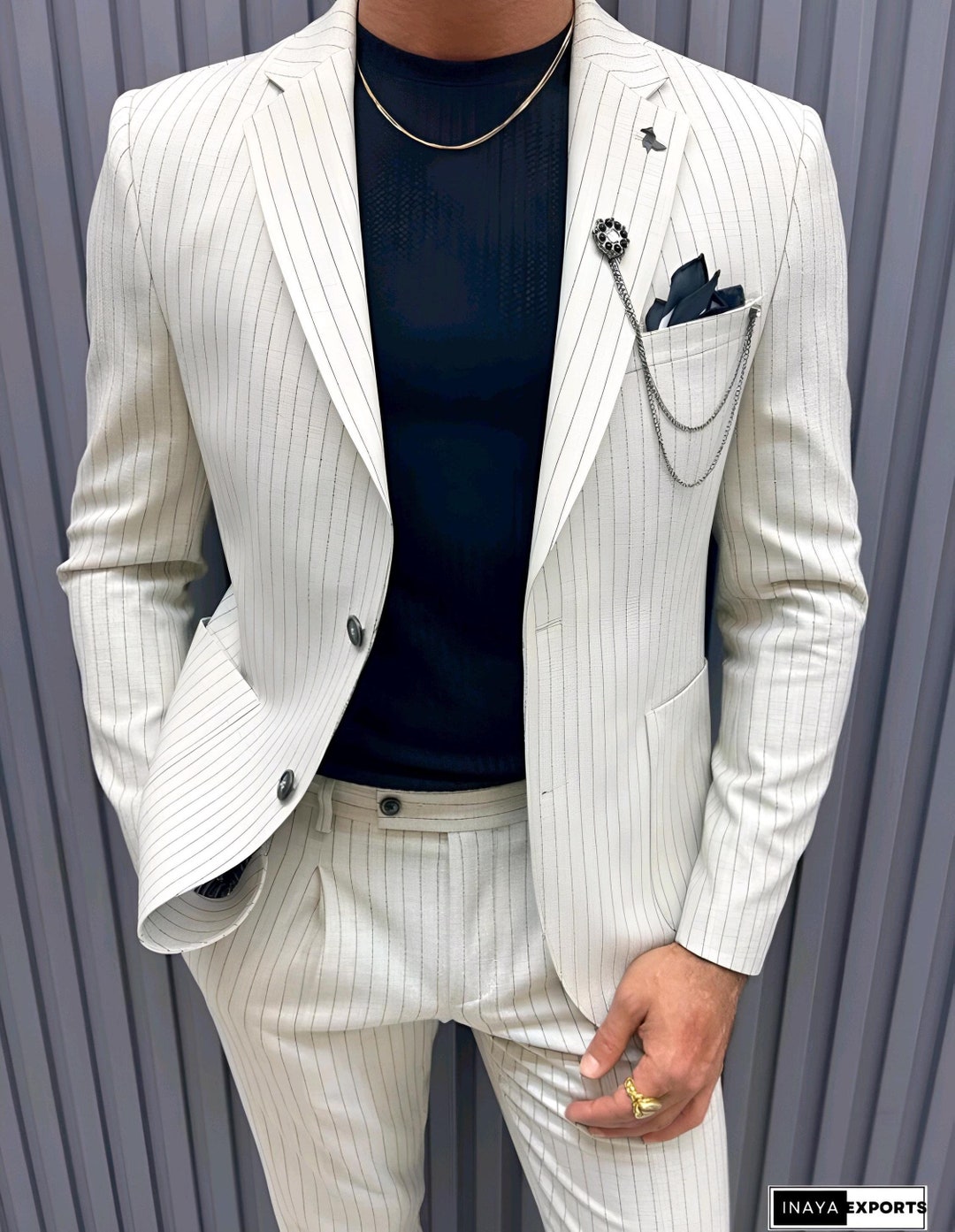 Men's Lining Stylish Prom Suits - off White Luxury Slim Fit Men Suits ...