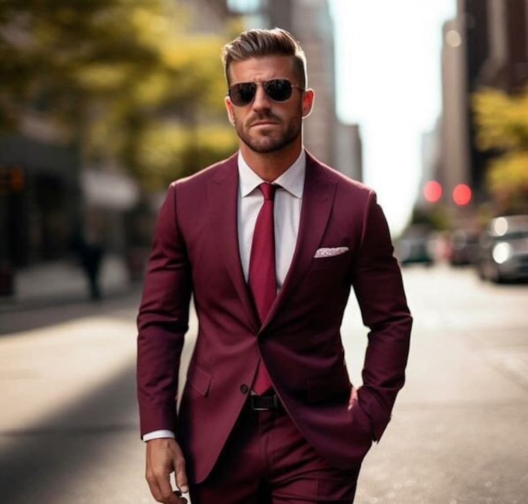 Men Suits Wedding Dinner Suits Maroon Classic 2 Piece Suits Slim Fit ...