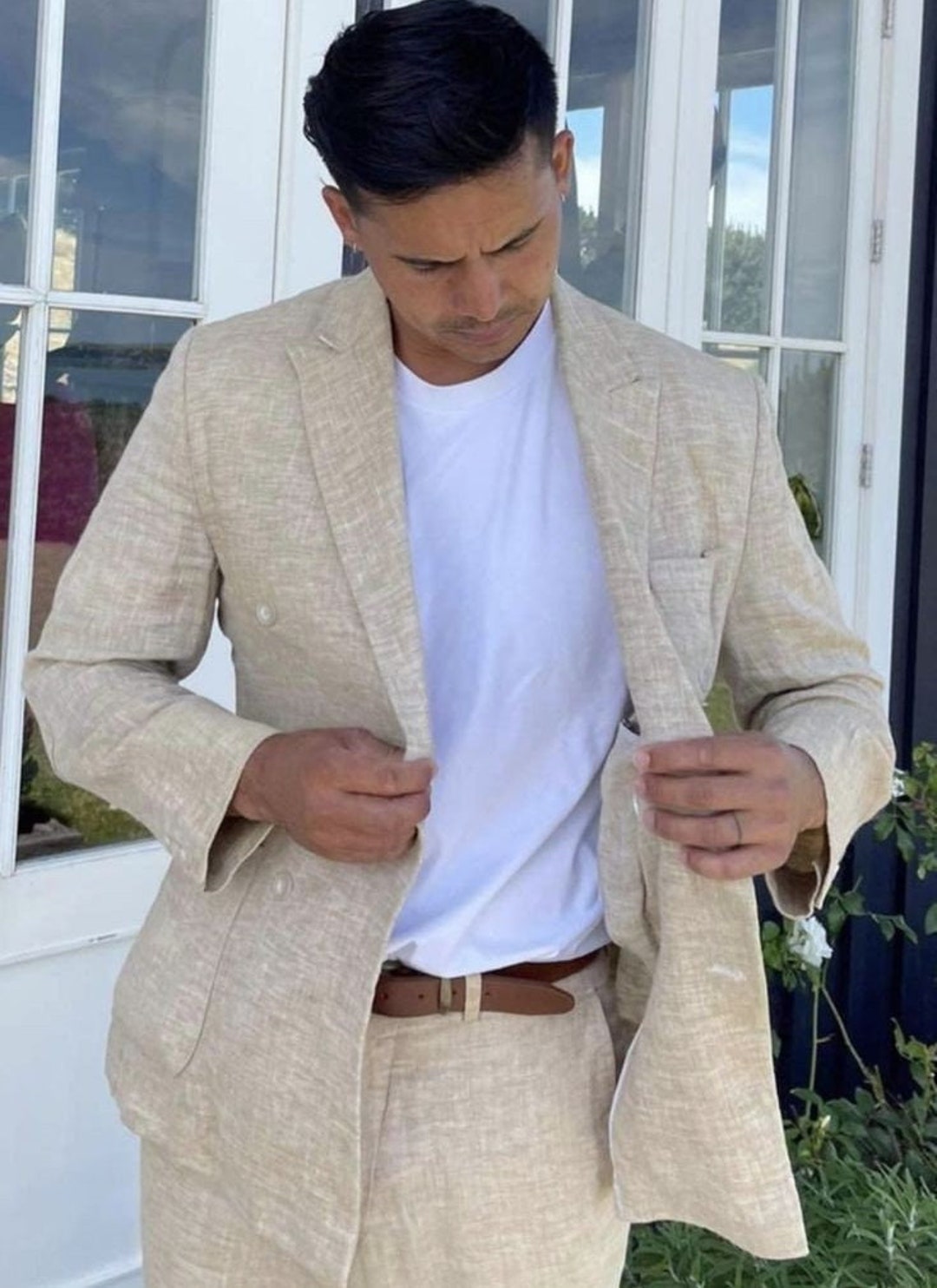 Formal Men Official Suit Linen Vintage Beige Suit Double Breast Linen ...