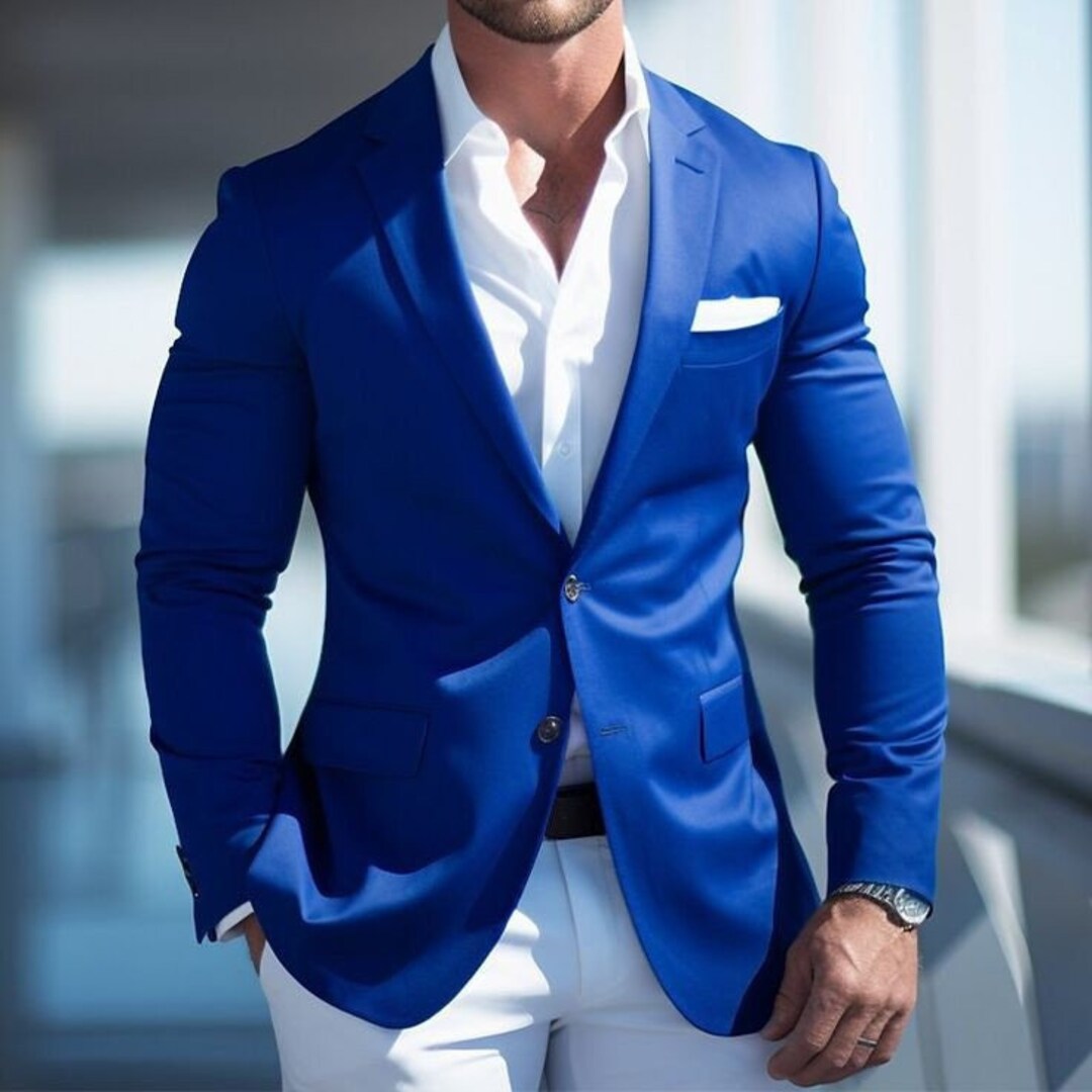 Luxury Men Blazer Rayal Blue Stylish Jacket 2 Button Vintage Coat for ...