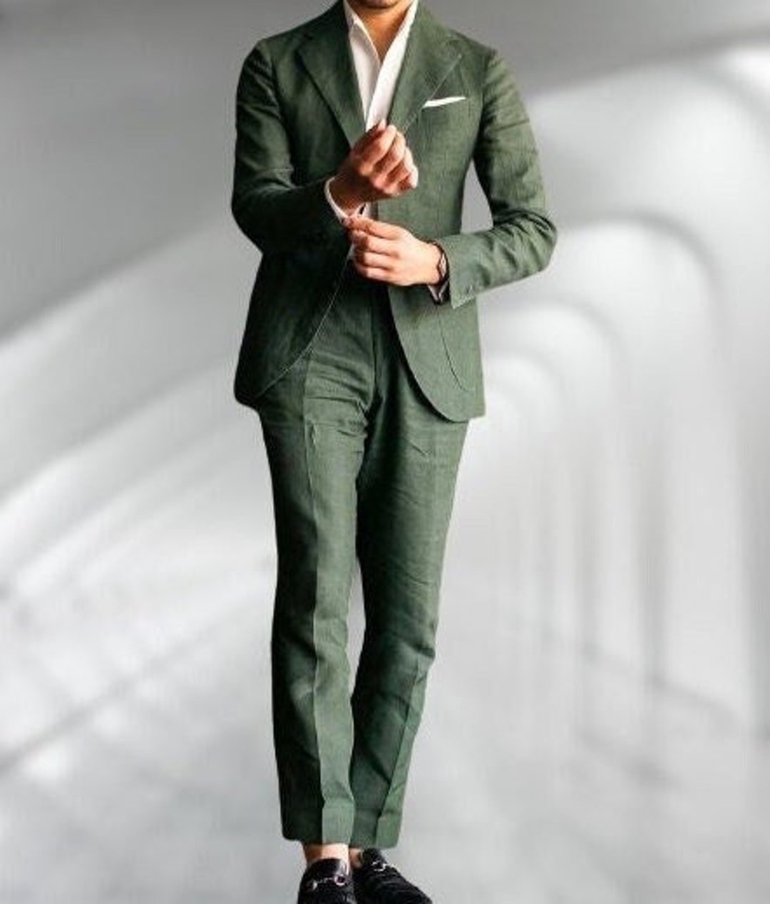 Green Linen Suits for Men Linen Classic Single Breast Suits Slim Fit Wedding Dinner Suits Men ...