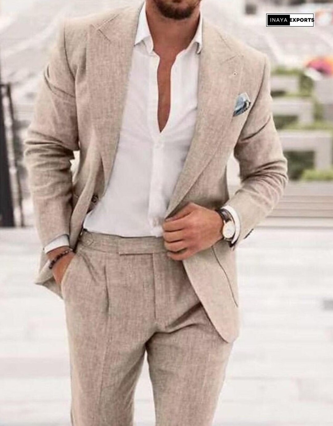 Summer Beach Suits Linen Beige Classic Suits One Button Linen Cotton ...