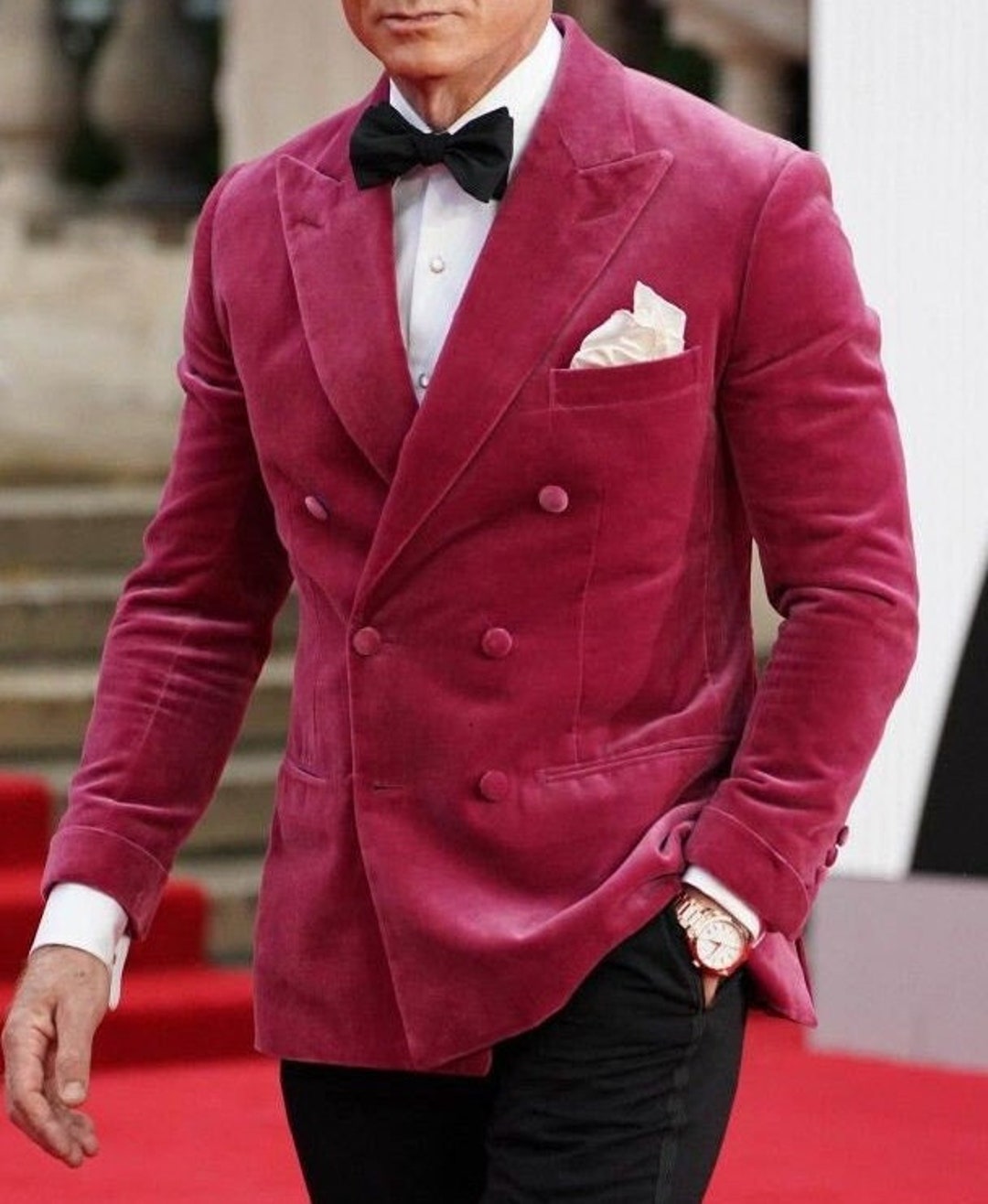 Mens Blazer Luxury Double Breast Dark Pink Vintage Coat Slim Fit Peak ...