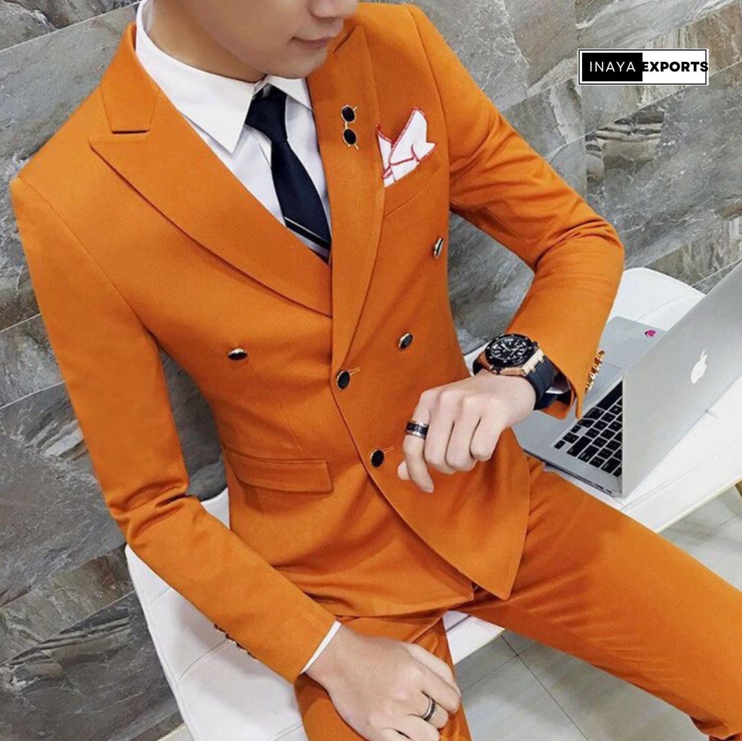 Orange Classic Men Luxury Suits Slim Fit Prom Party Suits Double Breast ...