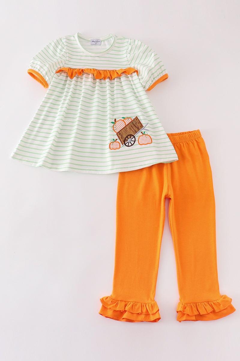 Abby & Evie Girl's Boutique Blue Pumpkin Tractor Applique Embroidered ...