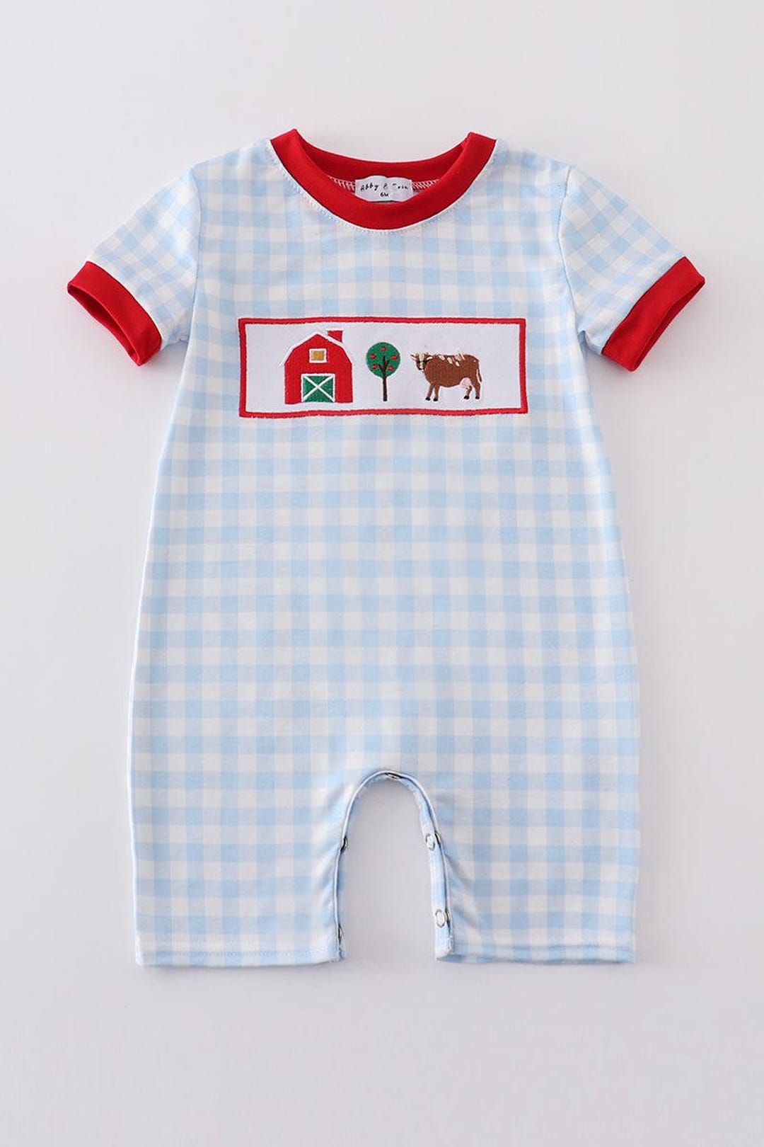 Abby & Evie Boy's Boutique Blue Farm Farmer Cow Barn Embroidered ...