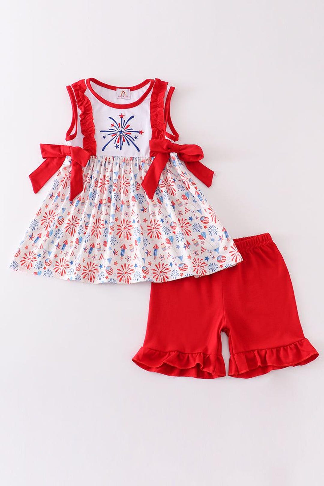 Abby & Evie Girl's Boutique Patriotic Fireworks Flag Two Piece Short ...