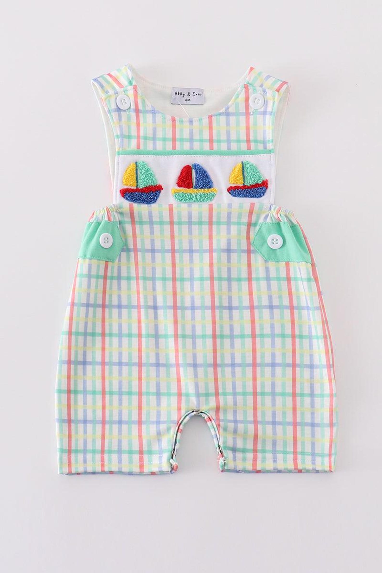 Abby & Evie Boy's Boutique Green Sailboat French Knot Jonjon Romper ...