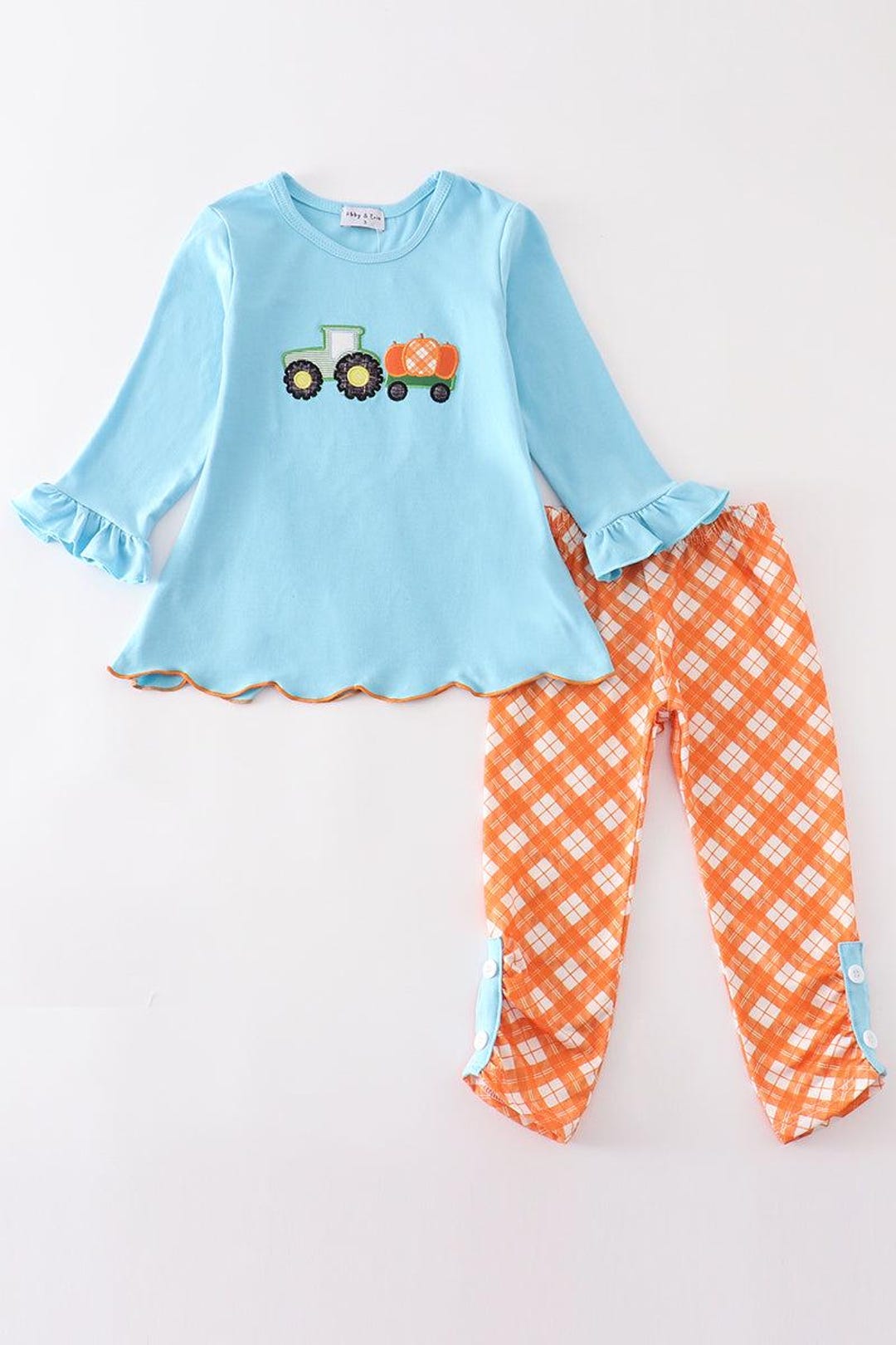 Abby & Evie Girl's Boutique Blue Pumpkin Tractor Applique Embroidered ...