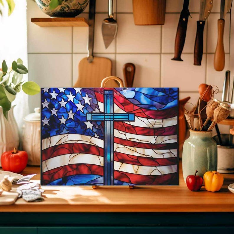Stained Glass Look American Flag Cross Christian Glass Cutting Board - Etsy