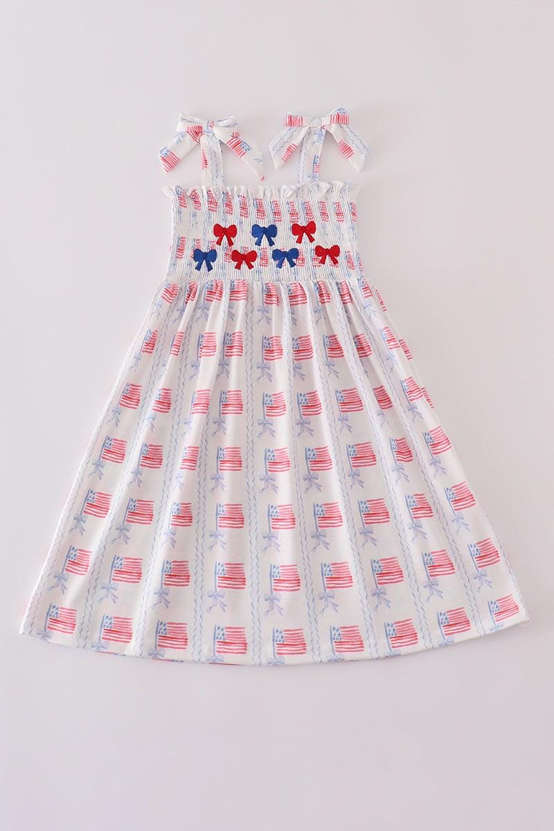 Abby & Evie Girl's Boutique Patriotic Smocked Bow Flag Red and Blue ...