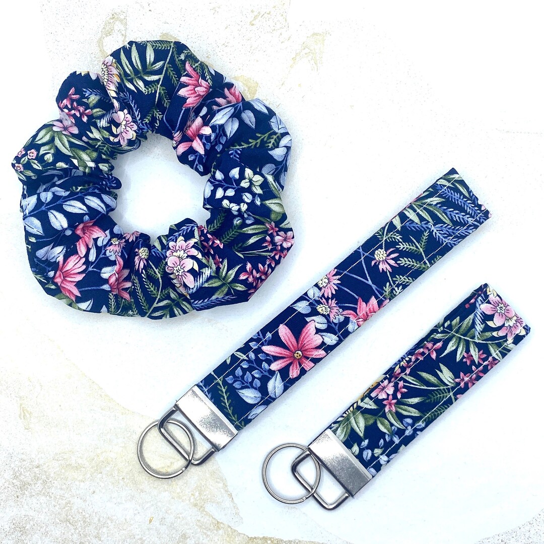 Scrunchies and wristlets in vintage floral print on navy blue, floral ...