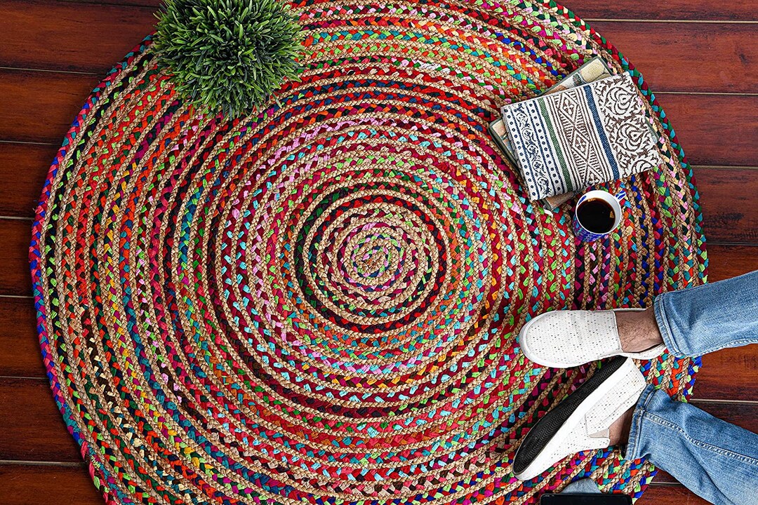 Multi Color Jute Cotton Round Rugs Indian Handmade Purely Yoga ...