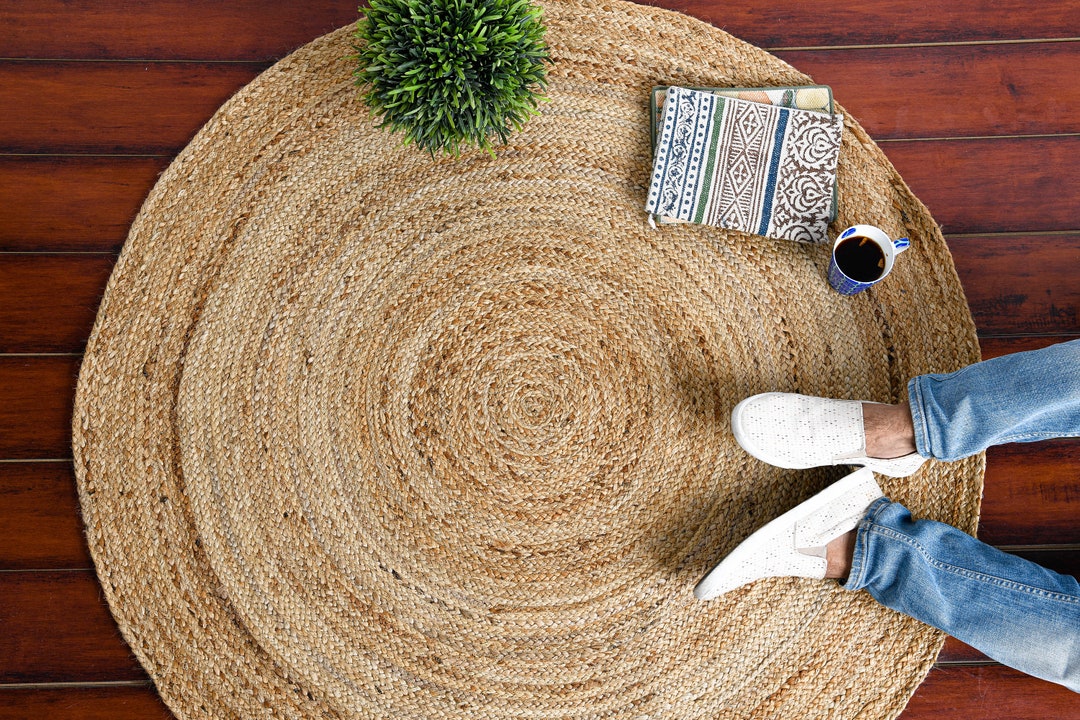 Hand Braided Bohemian Jute Area Rug Round Rag Rug Home Decor Rugs Shape ...