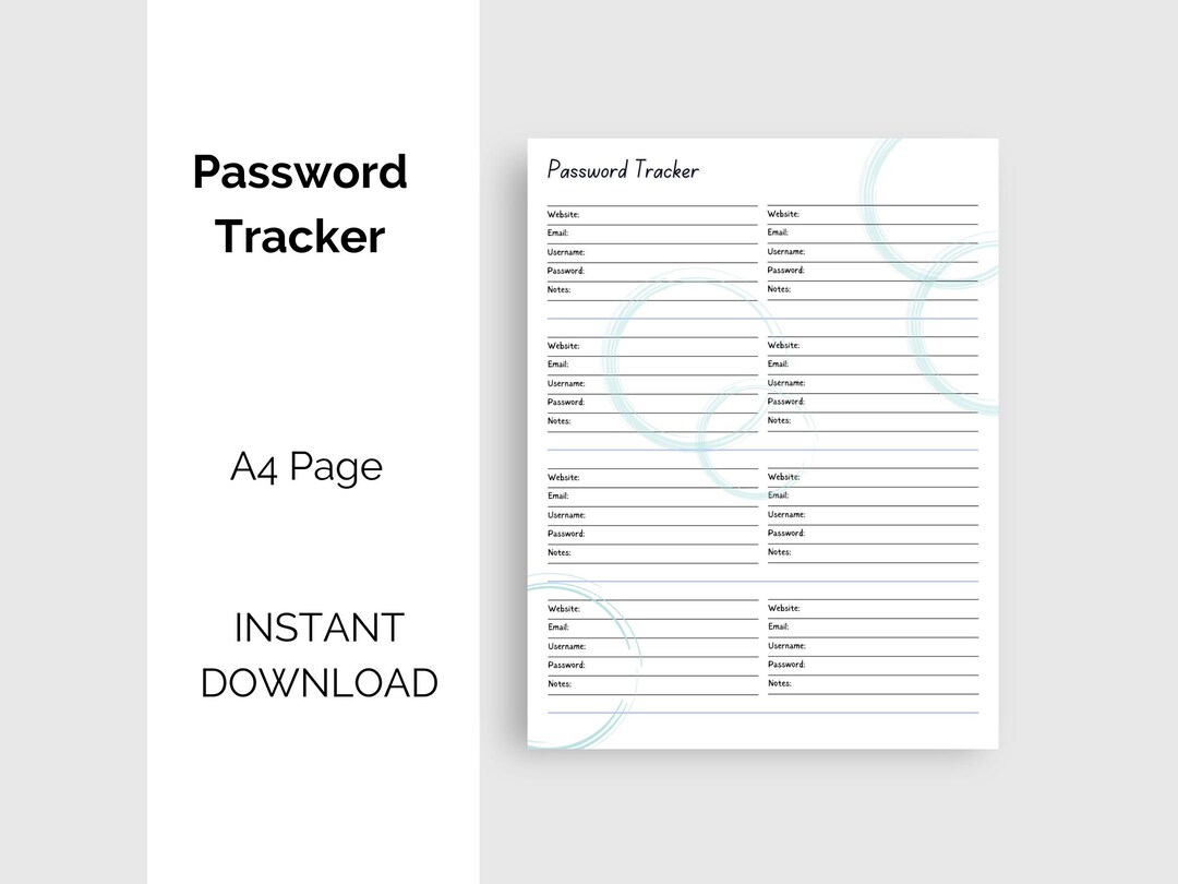 Password Tracker Printable Digital A4 Blue Planner Page Digital Goal ...