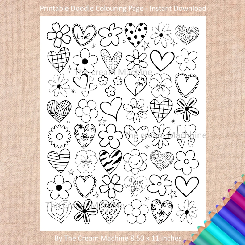 Instant Download – Cute Doodle Hearts and Flowers Colouring Page - Fun ...
