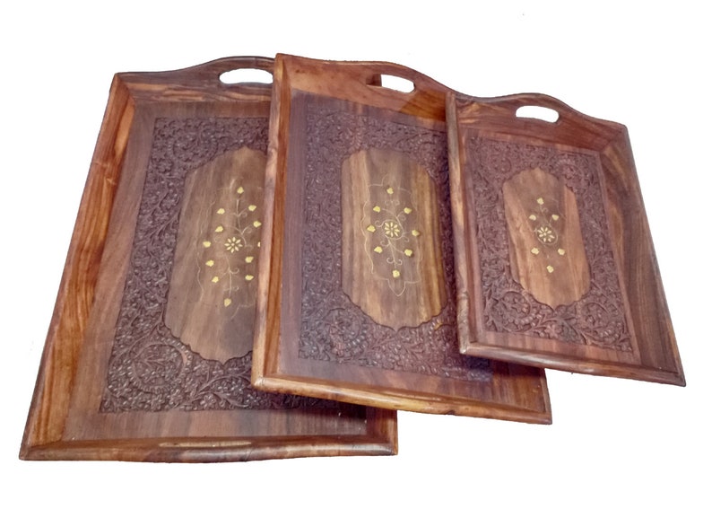 Handcrafted Sheesham Wooden Trey Trey With Brass Work | Etsy