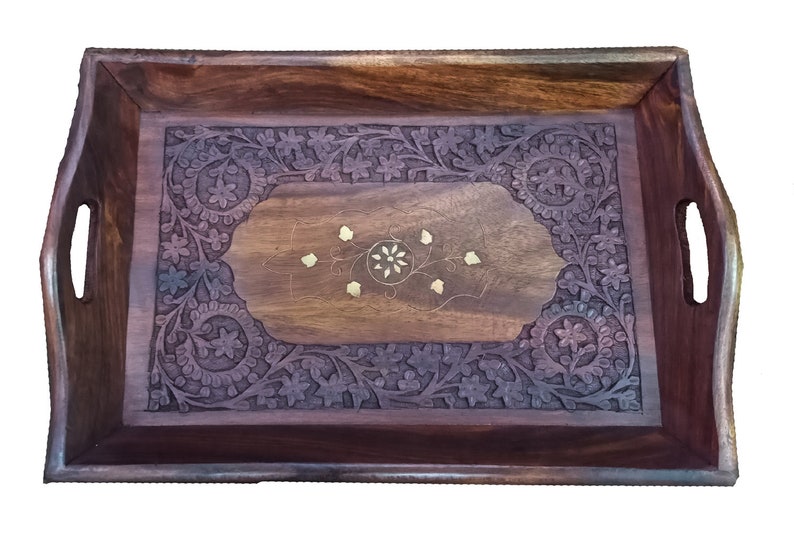 Handcrafted Sheesham Wooden Trey Trey With Brass Work | Etsy