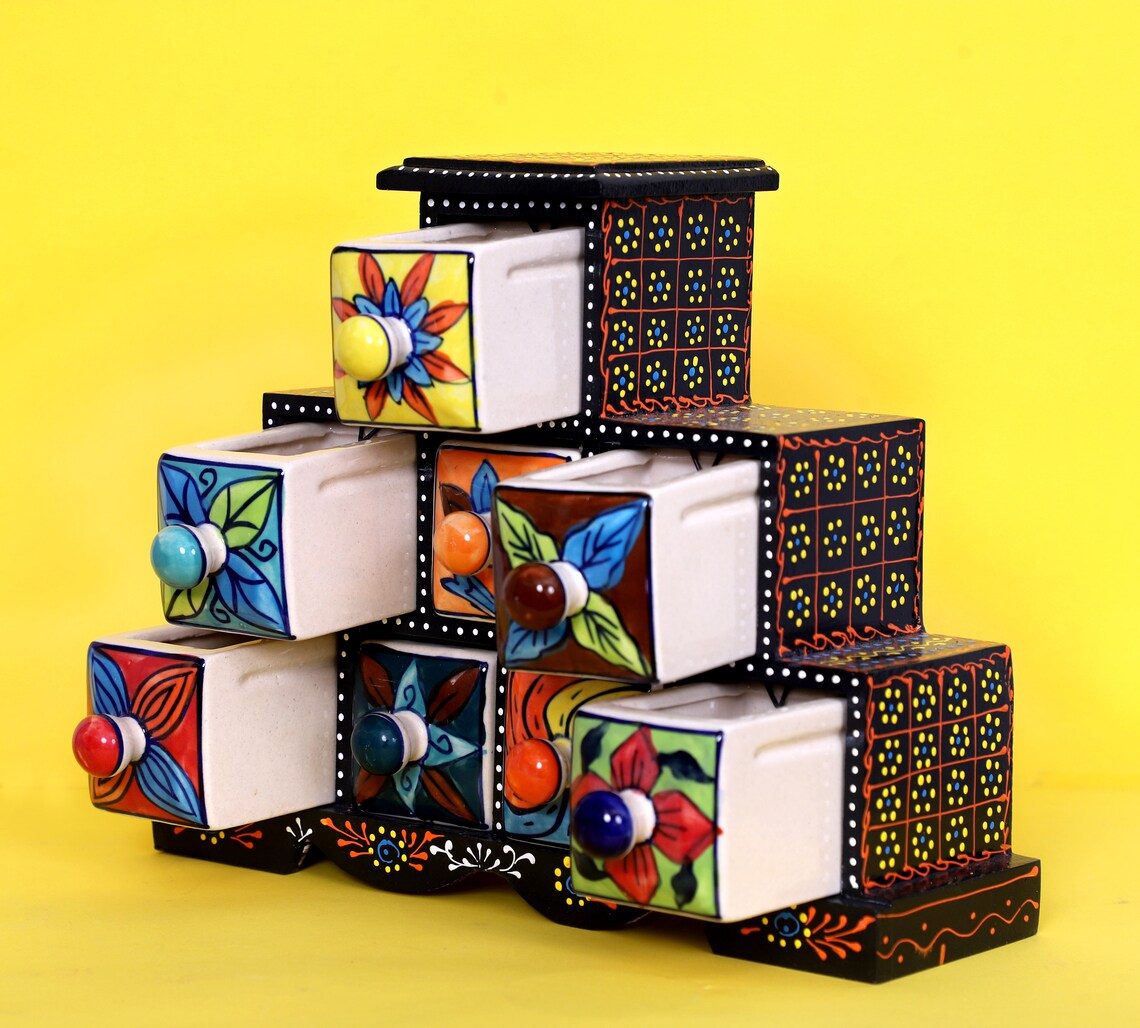 Black Wooden Painted Ceramic Drawers, Eight Drawer Wood Dresser, Small ...