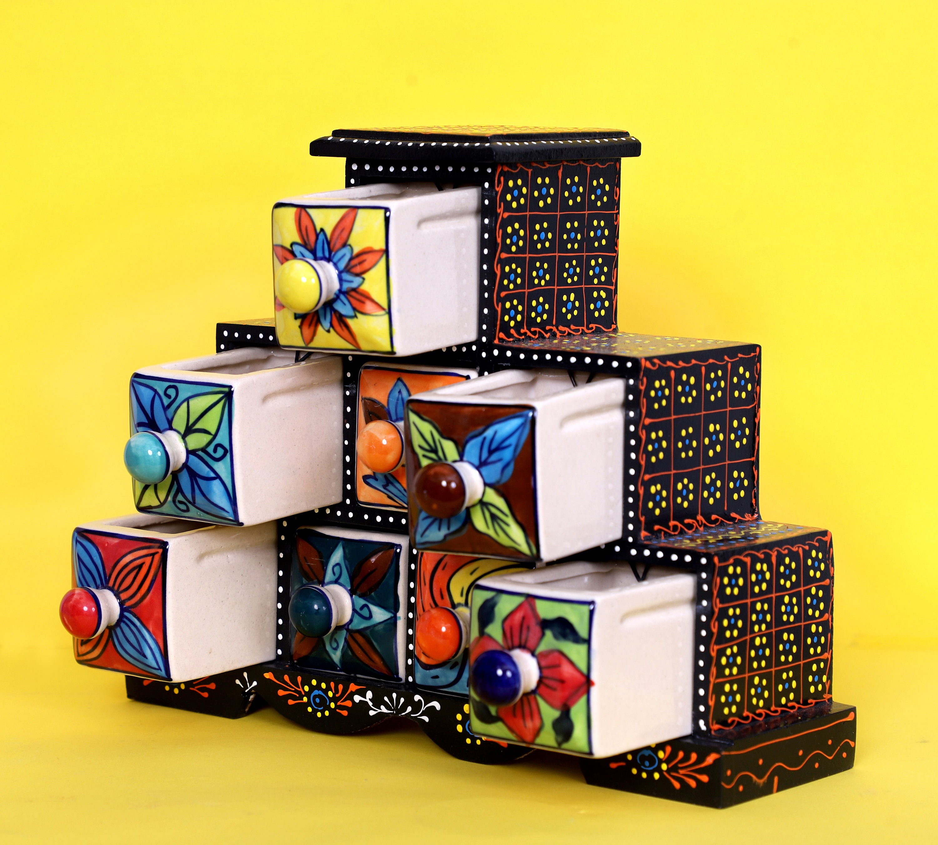 Black Wooden Painted Ceramic Drawers, Eight Drawer Wood Dresser, Small ...