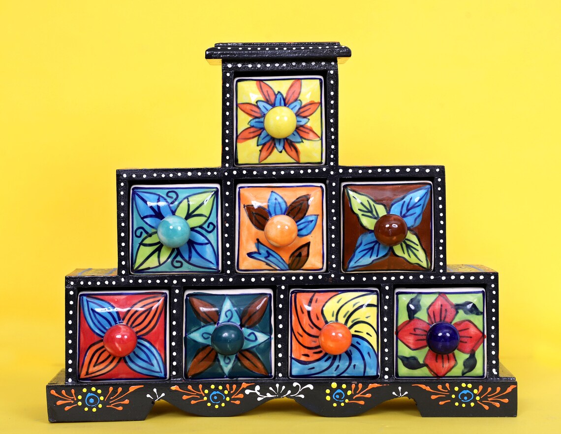 Black Wooden Painted Ceramic Drawers, Eight Drawer Wood Dresser, Small ...