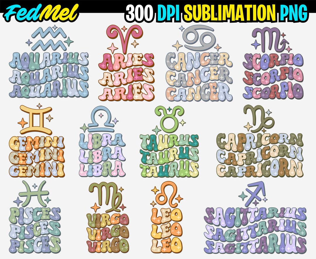 Zodiac Bundle Png Retro Vintage Aestethic Wavy Text Design for - Etsy