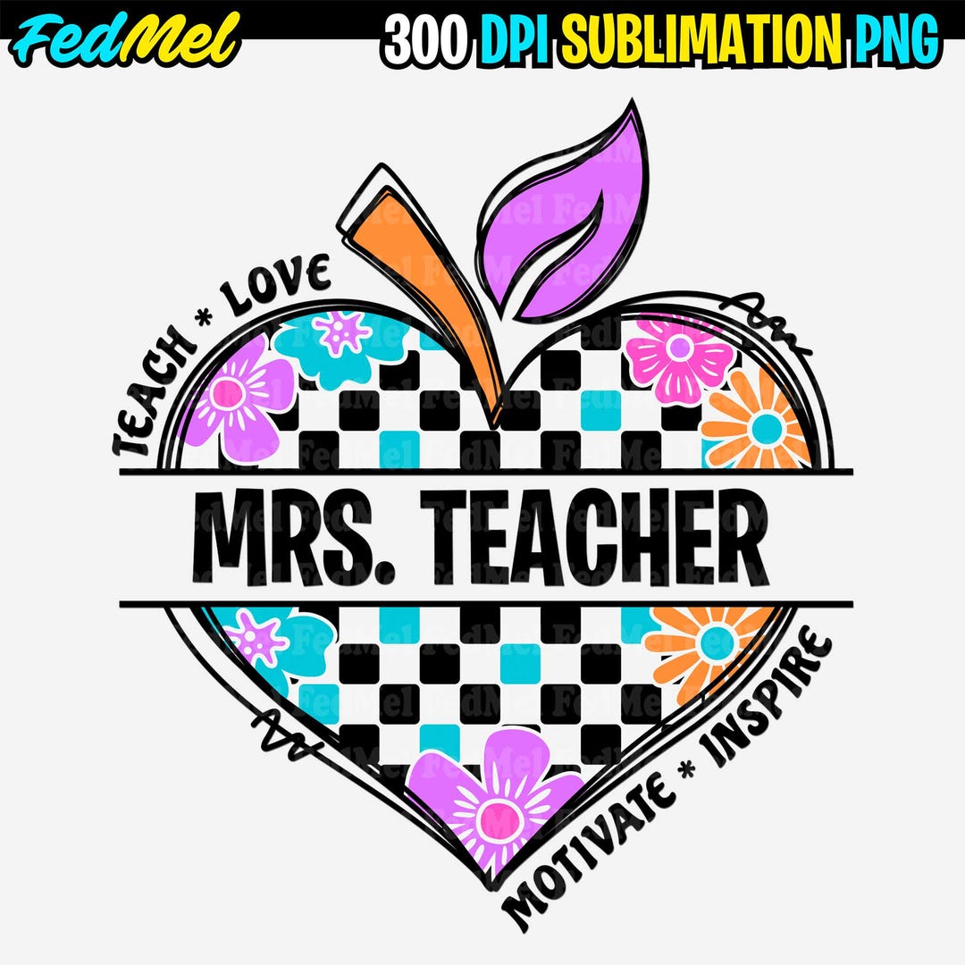 Floral Apple Teacher Monogram PNG, Sublimation Design (digital Download ...