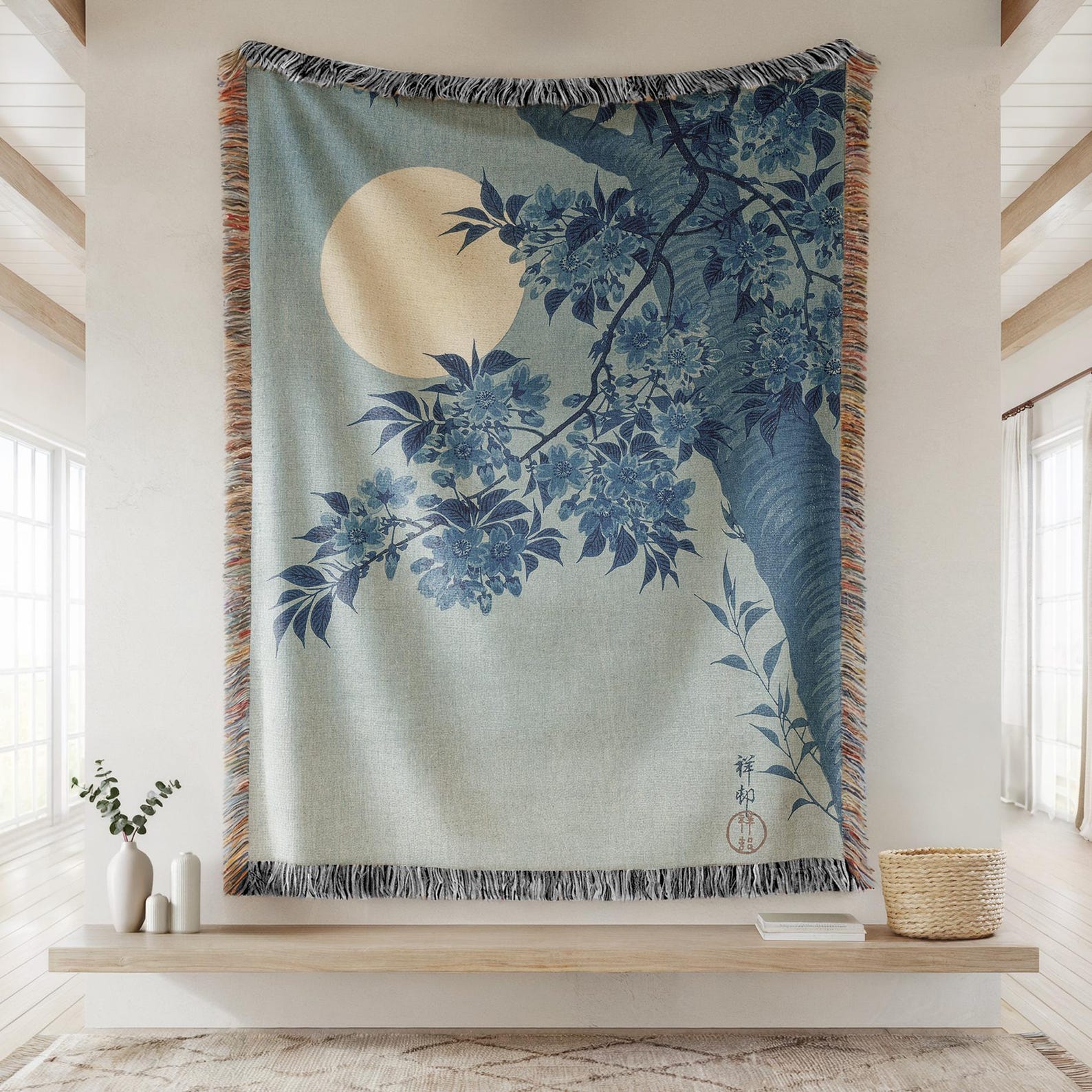 Woven Blanket - Japanese Art Lover New Home Gift, Cherry Blossom Moon ...