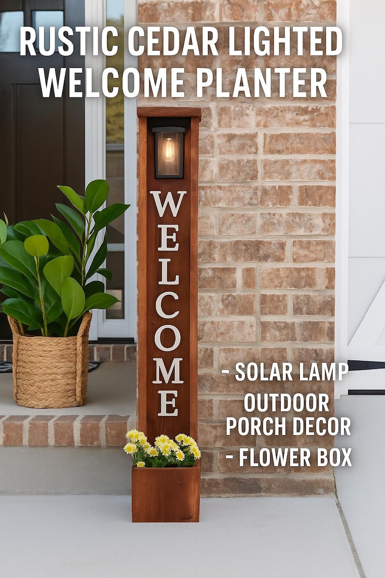 Cedar Welcome Sign With Flower Box & Solar Light - Rustic Porch Decor - Etsy