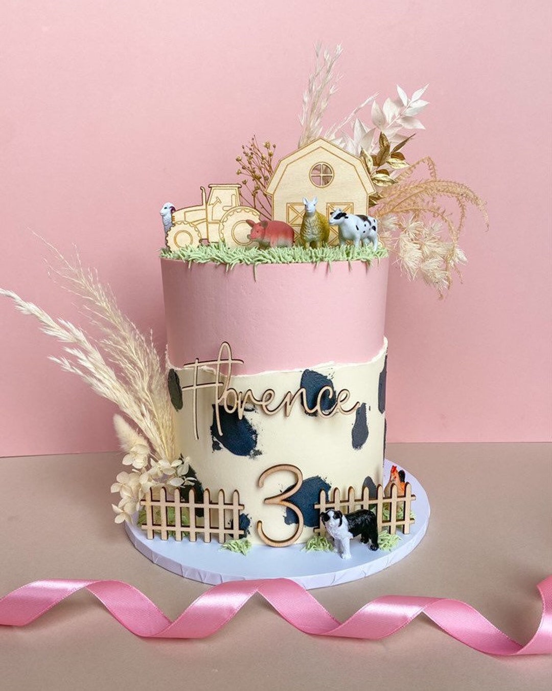 Farm Wooden Cake Topper Set Wooden Fence Tractor Cake Farmyard Birthday ...