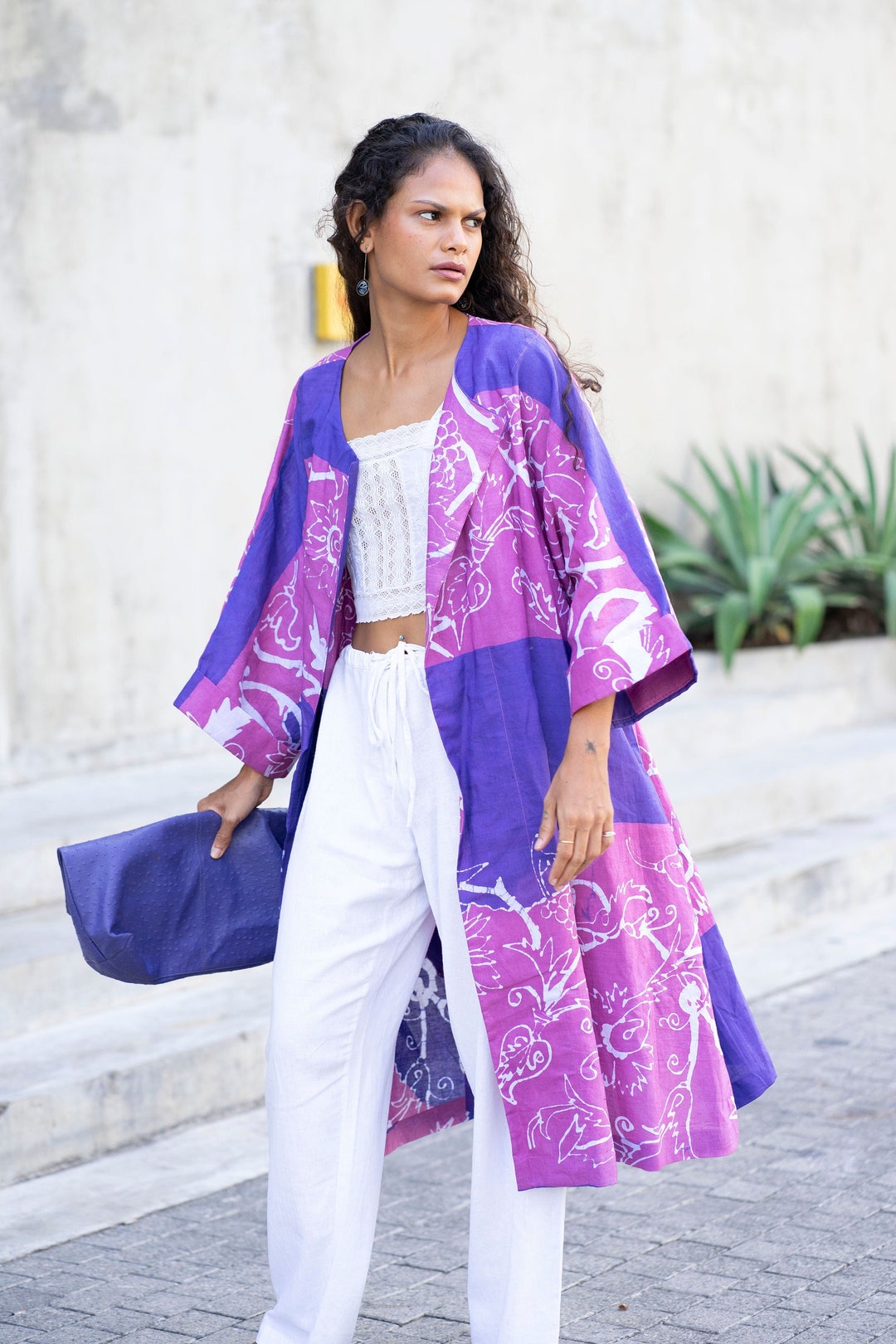 Batik Kimono Robe Kaftan Dress Autumn Wrap Jacket Women Coat Purple ...