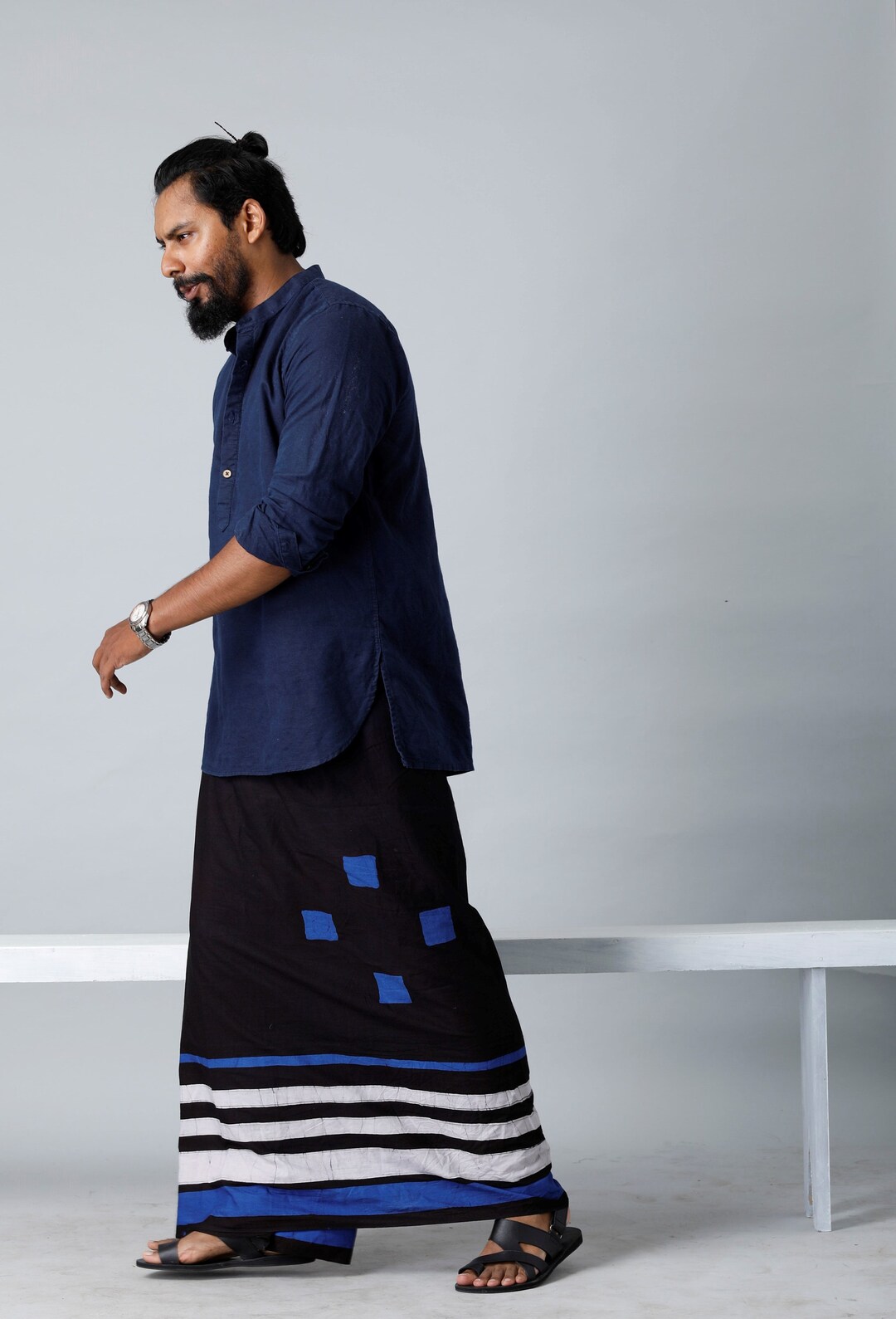 Batik Sarong Longyi Malong Unisex One Size Handmade Black & Blue Design ...