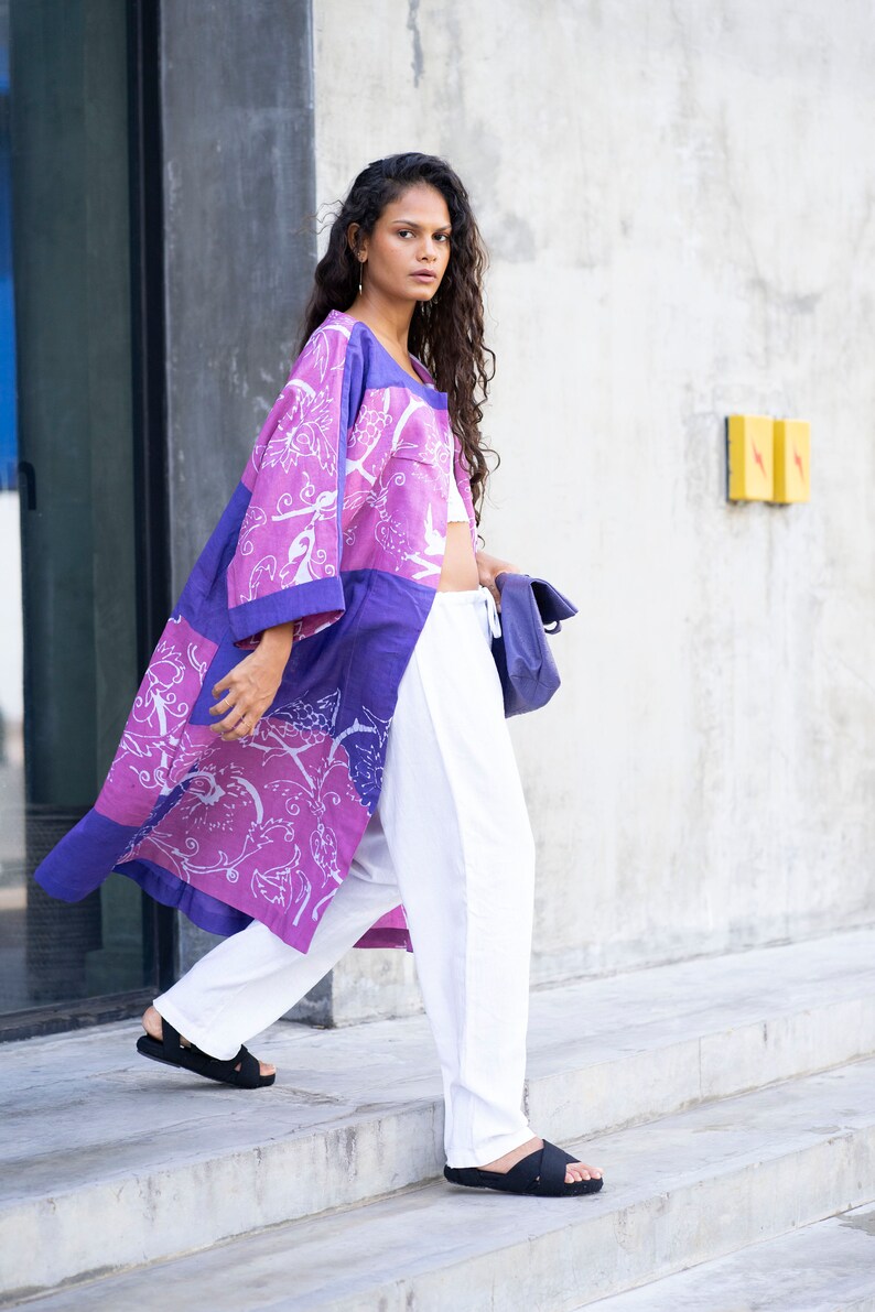 Batik Kimono Robe Kaftan Dress Autumn Wrap Jacket Women Coat Purple ...