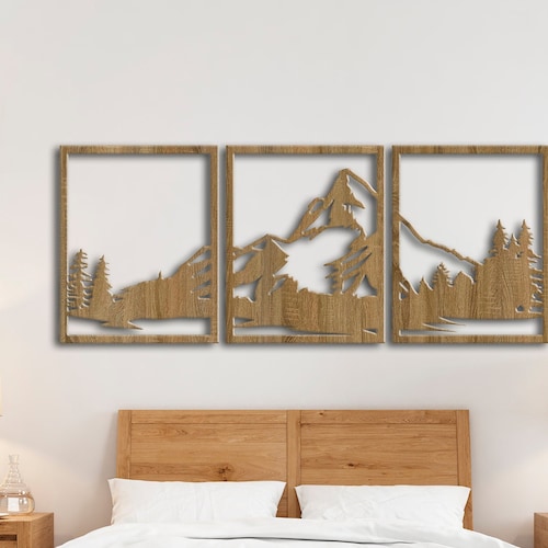 Mountain Wood Wall Art Panels Set of 3 Geometric Wooden - Etsy