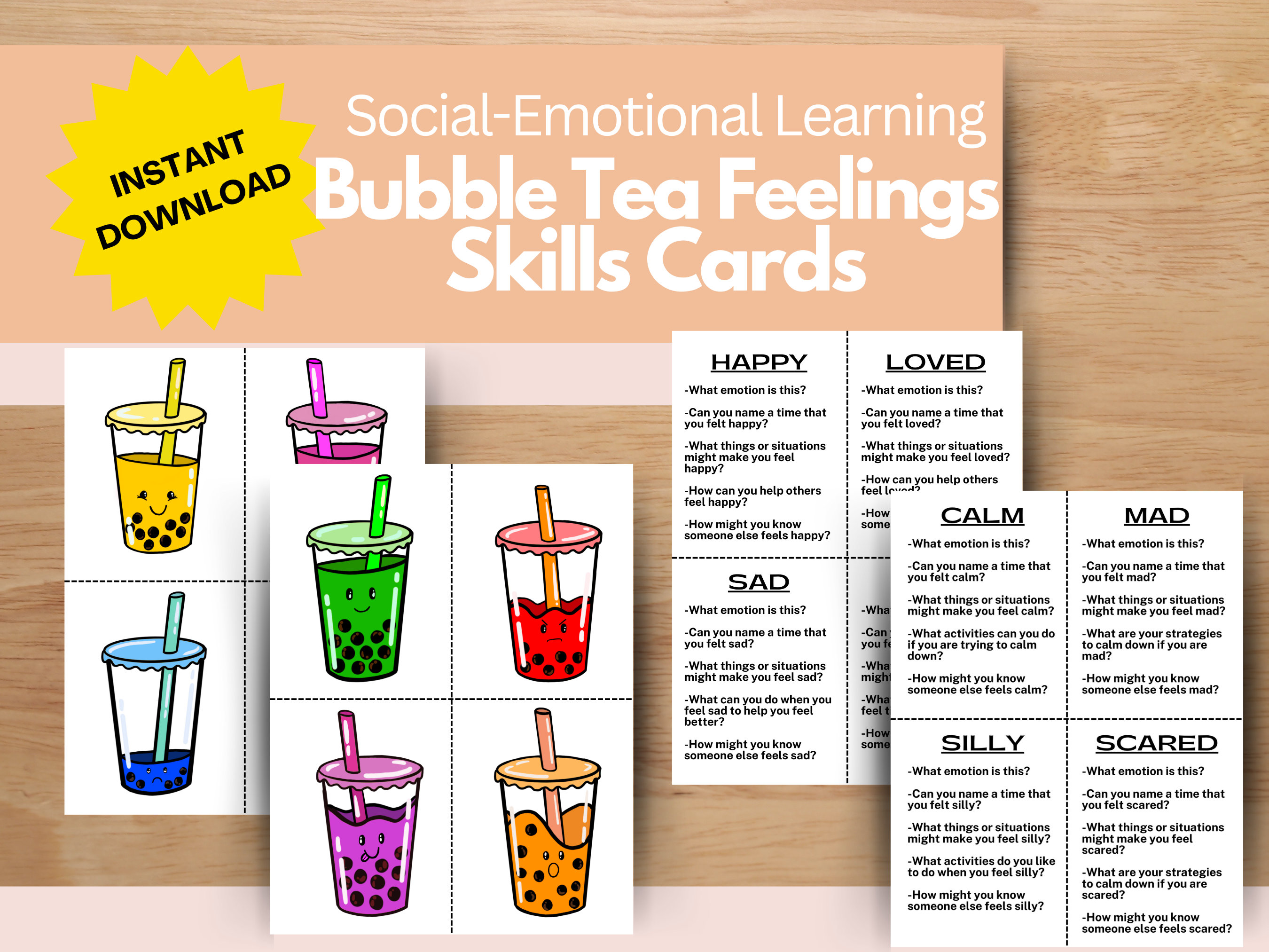 Bubble Tea Themed Feelings Skill Cards, Emotions Flashcards, Social ...