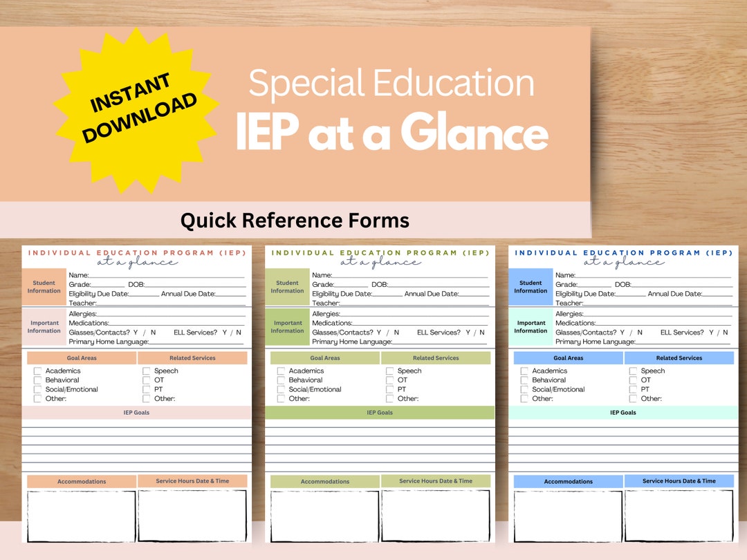 IEP at a Glance Form, Special Education IEP Quick Reference Form, IEP ...